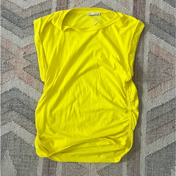 Zara | Tops | Nwot Zara Bright Yellow Muscle Tshirt With Ruching Large ...